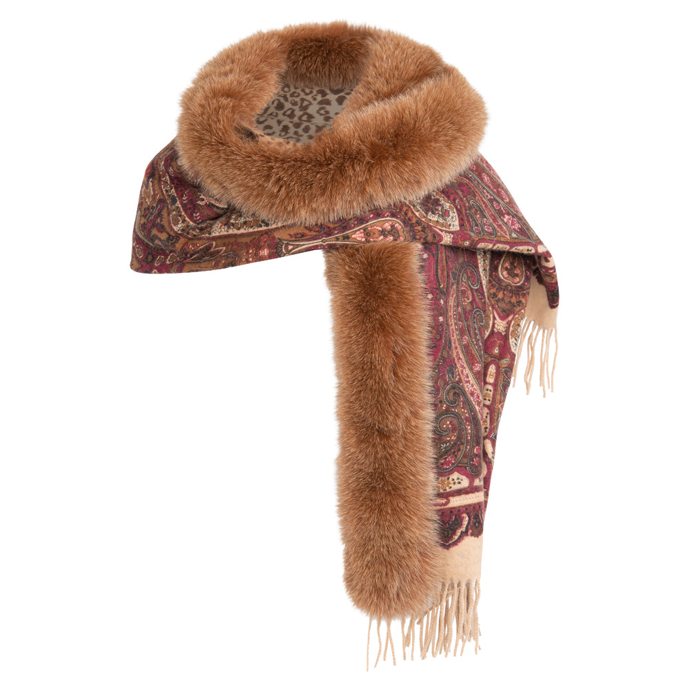 SHANNA Printed shawl with premium fox trim – Wolfie Premium Outerwear